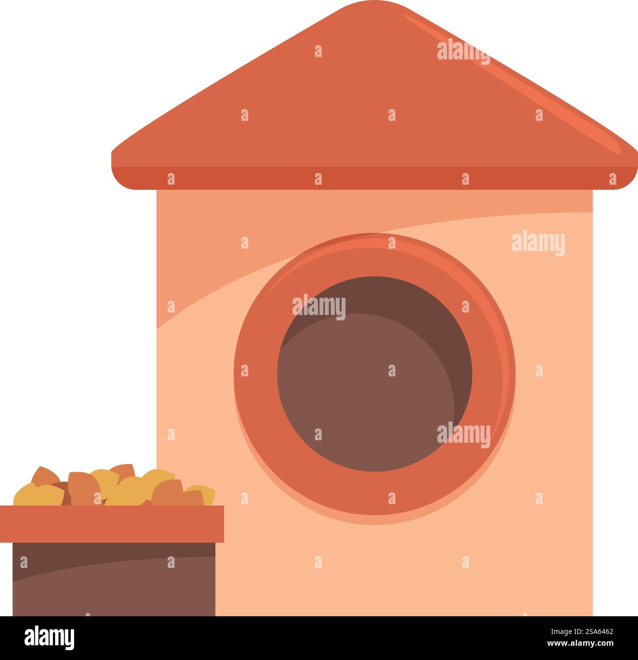 Cartoon dog house with round window and wooden floor standing on white ...