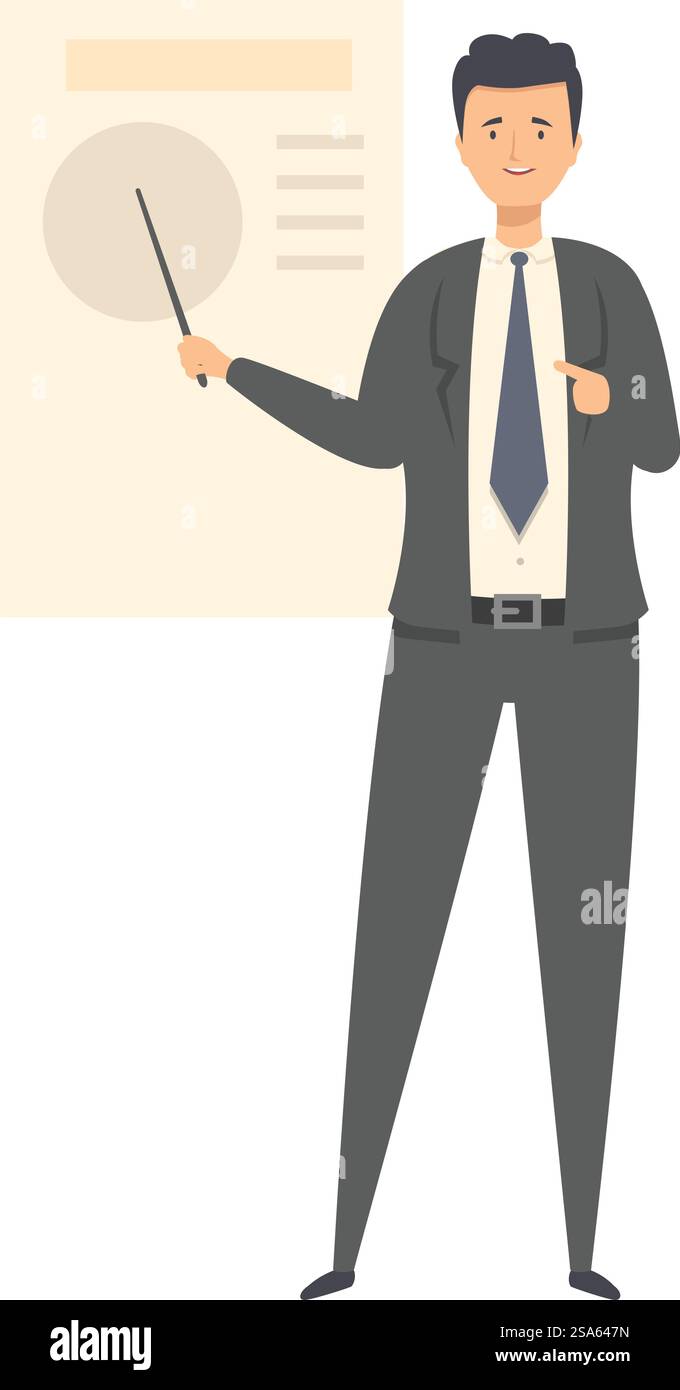 Businessman is pointing at a whiteboard with a pointer, giving a ...