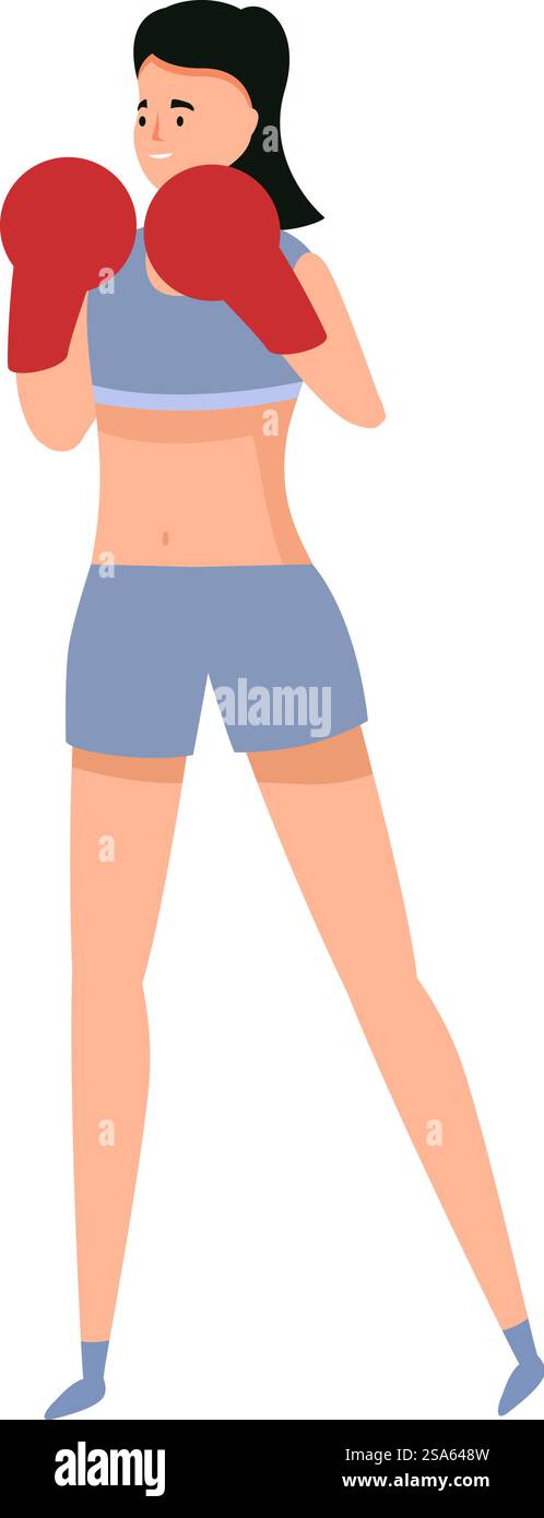 Young woman boxer is wearing gloves and standing in a fighting pose ...