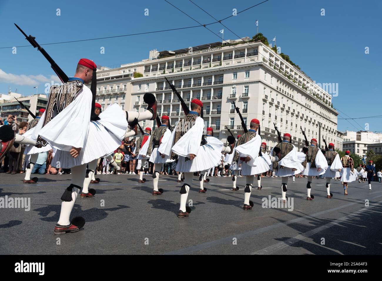 Greek Evzone soldiers dressed in traditional Greek military clothing ...