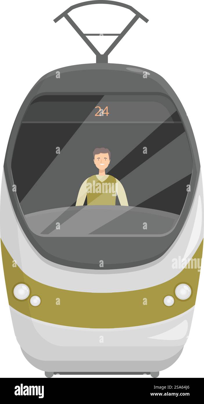 Tram driver looking out of cabin window driving modern tram. Tram ...