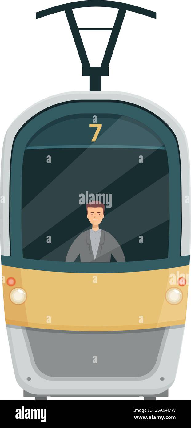 Tram driver is driving a public transportation train and looking out ...