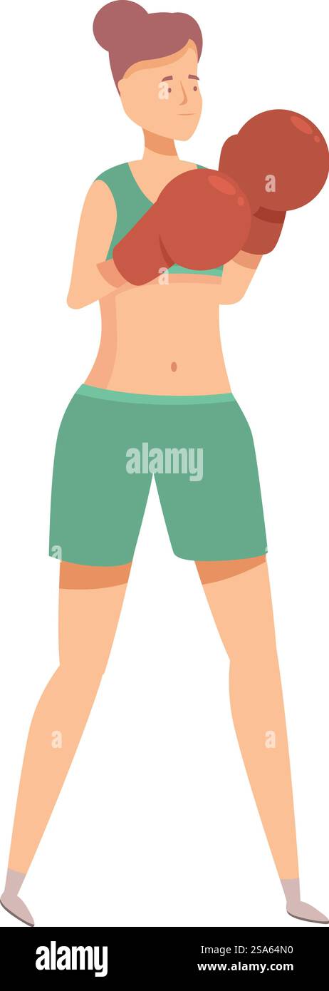 Female boxer is standing with her boxing gloves up, ready for a sparring session. Young woman ...