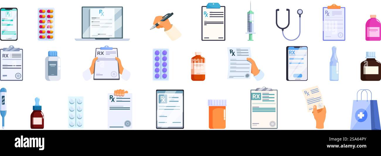 RX form icons set. Pharmacist holding rx prescription form, doctor ...