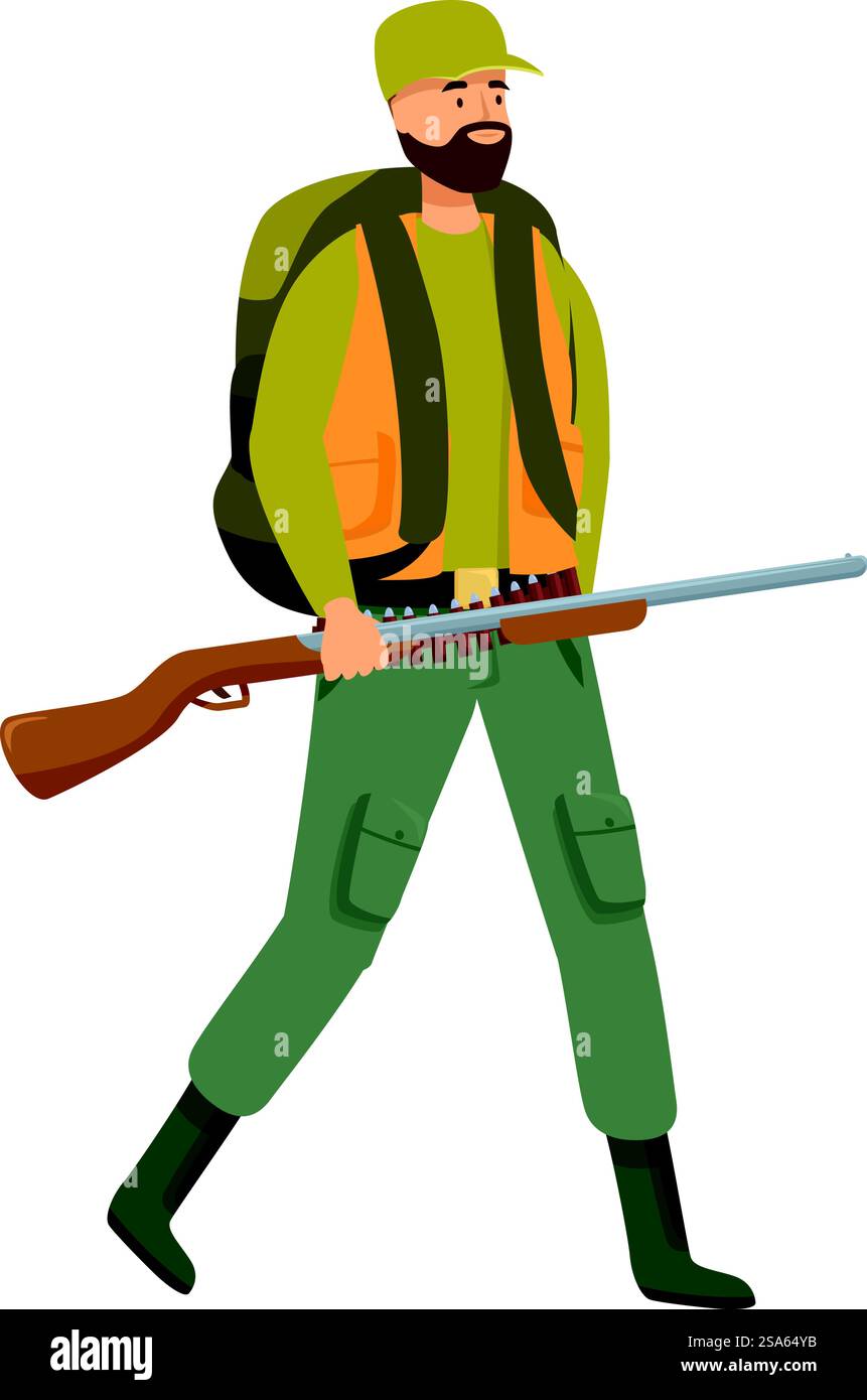 Hunter wearing a vest and carrying a rifle and backpack is trekking ...
