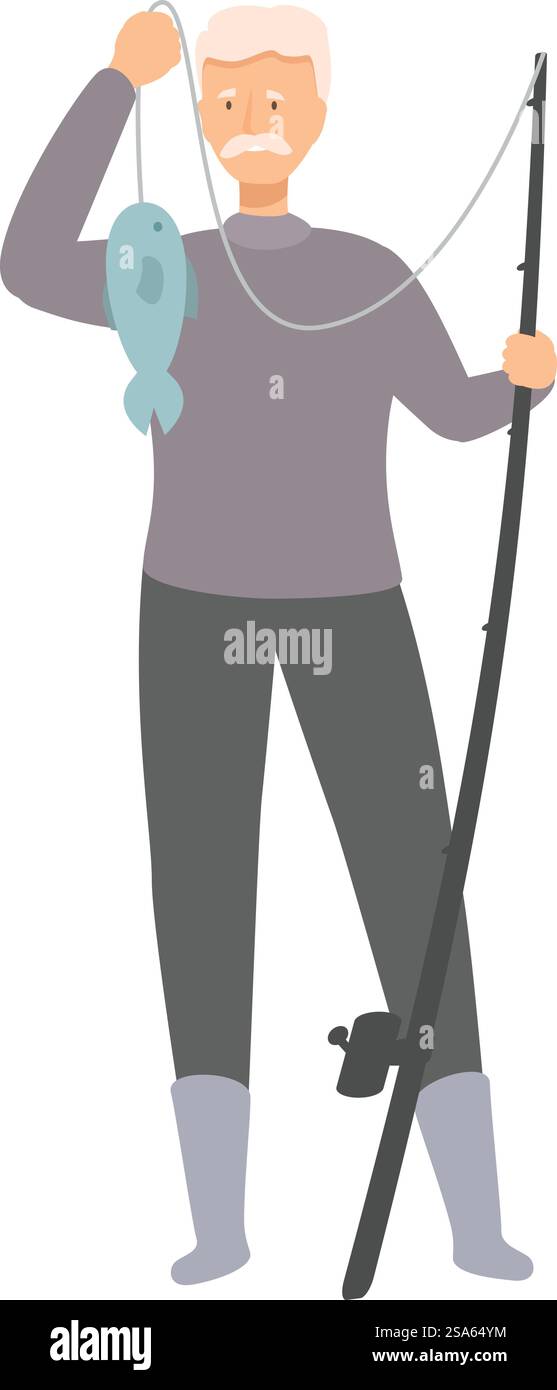 Elderly fisherman is holding up a fish he has just caught on his ...