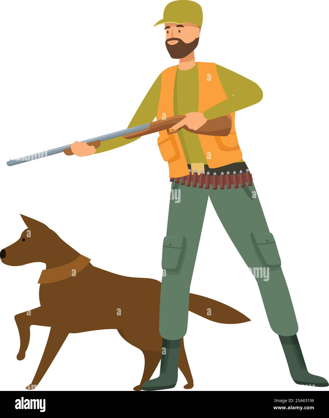 Hunter wearing orange vest holding shotgun aiming with hunting dog ...