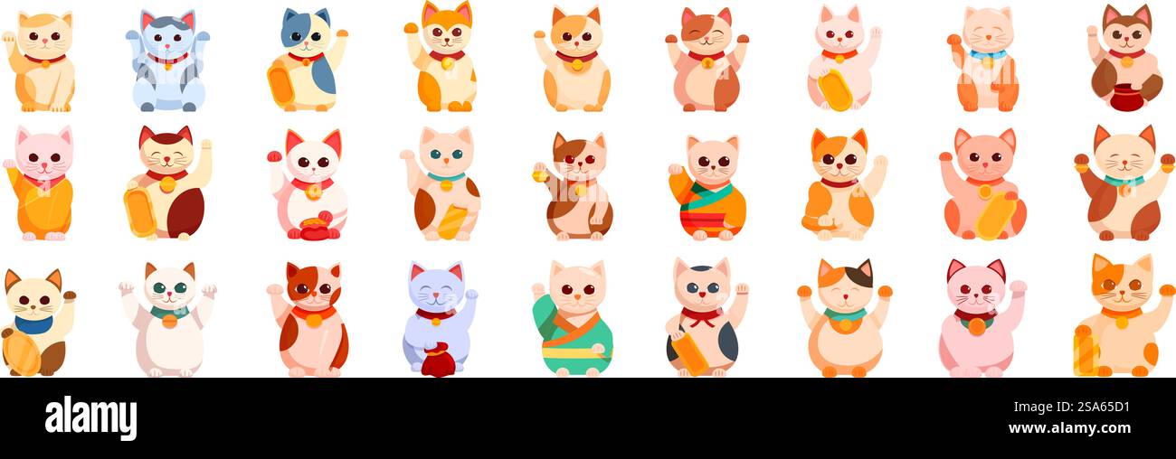 Maneki icons set. Set of adorable beckoning cats in different colors ...