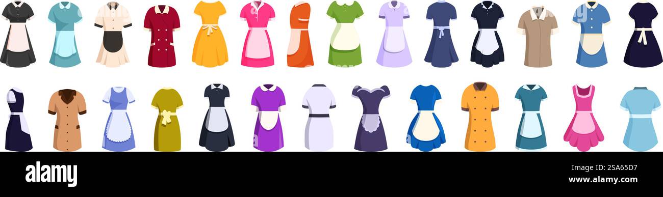 Maid uniform icons set. Large set of colorful maid and housekeeping ...