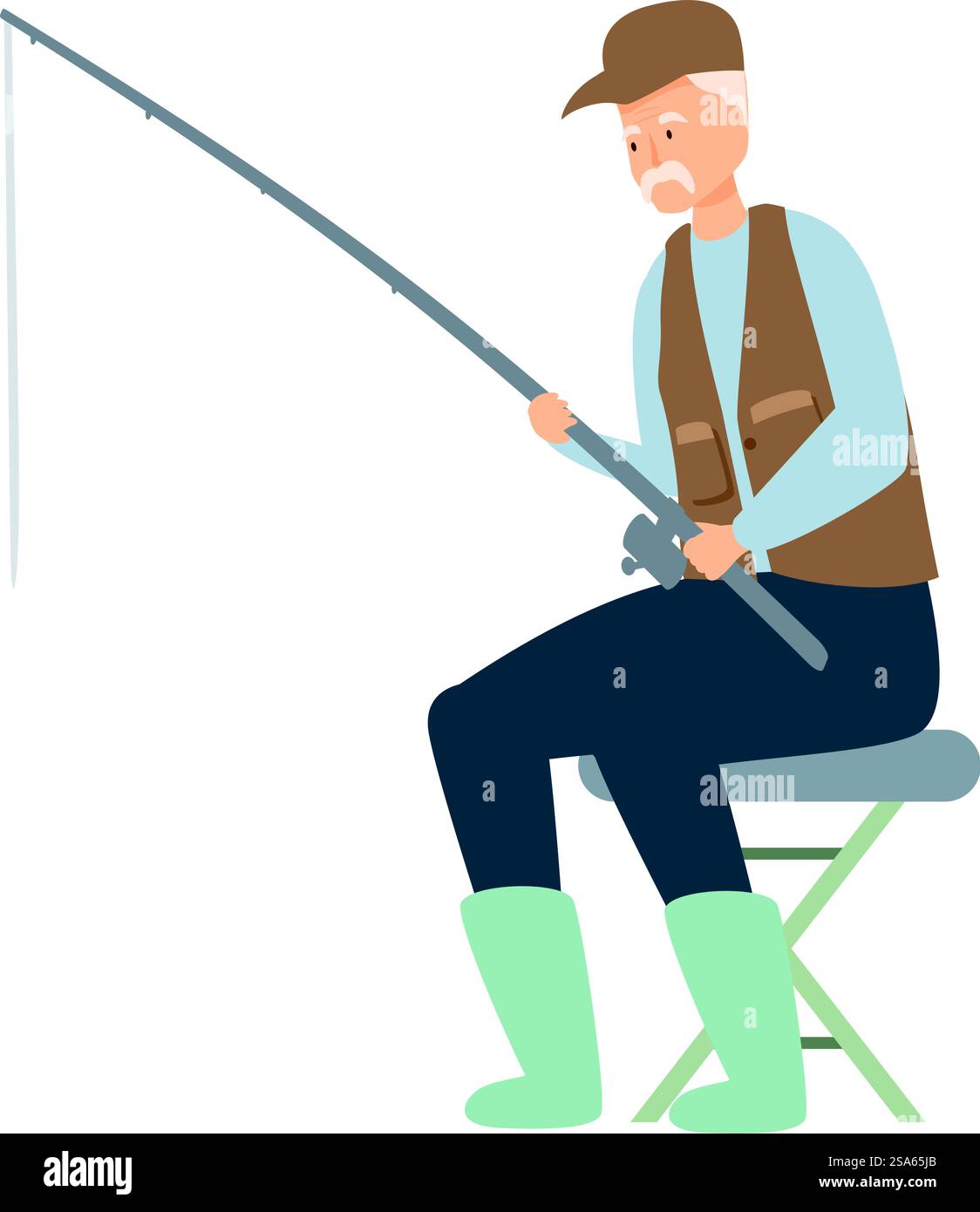 Elderly fisherman wearing a fishing vest is waiting patiently for a ...