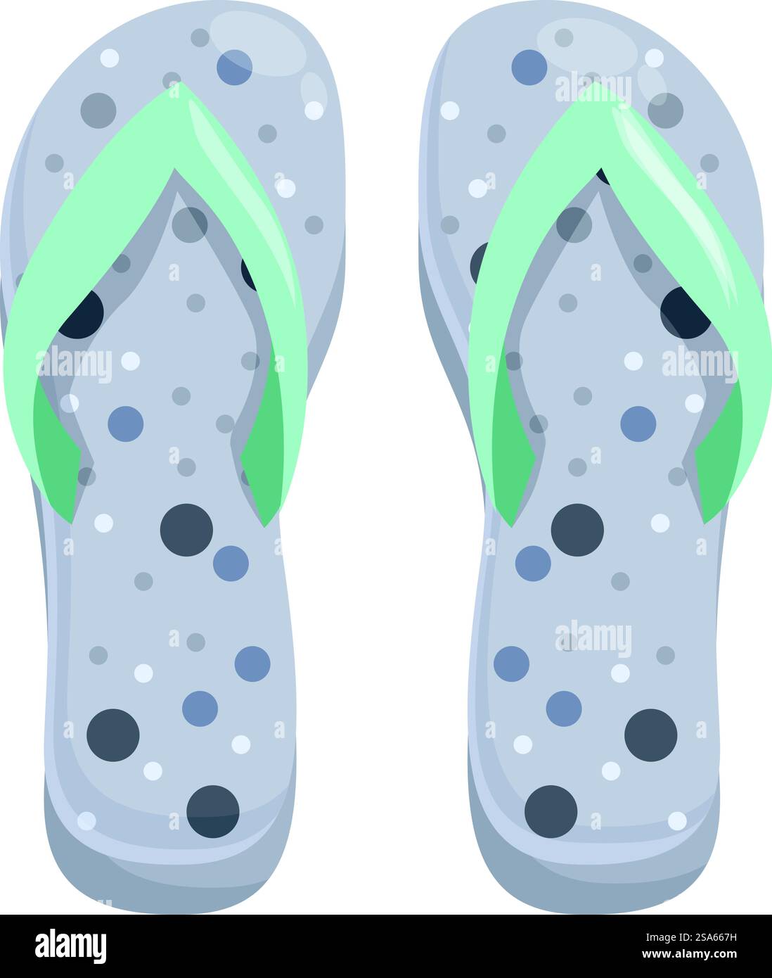Gray flip flops with a pattern of black and white dots and light green straps, perfect for a ...