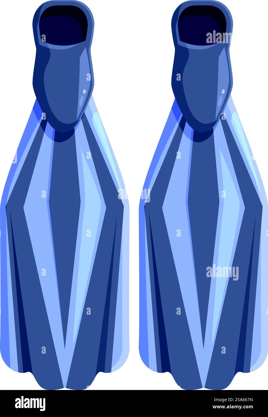 Pair of blue and gray diving fins is standing upright, ready for an ...