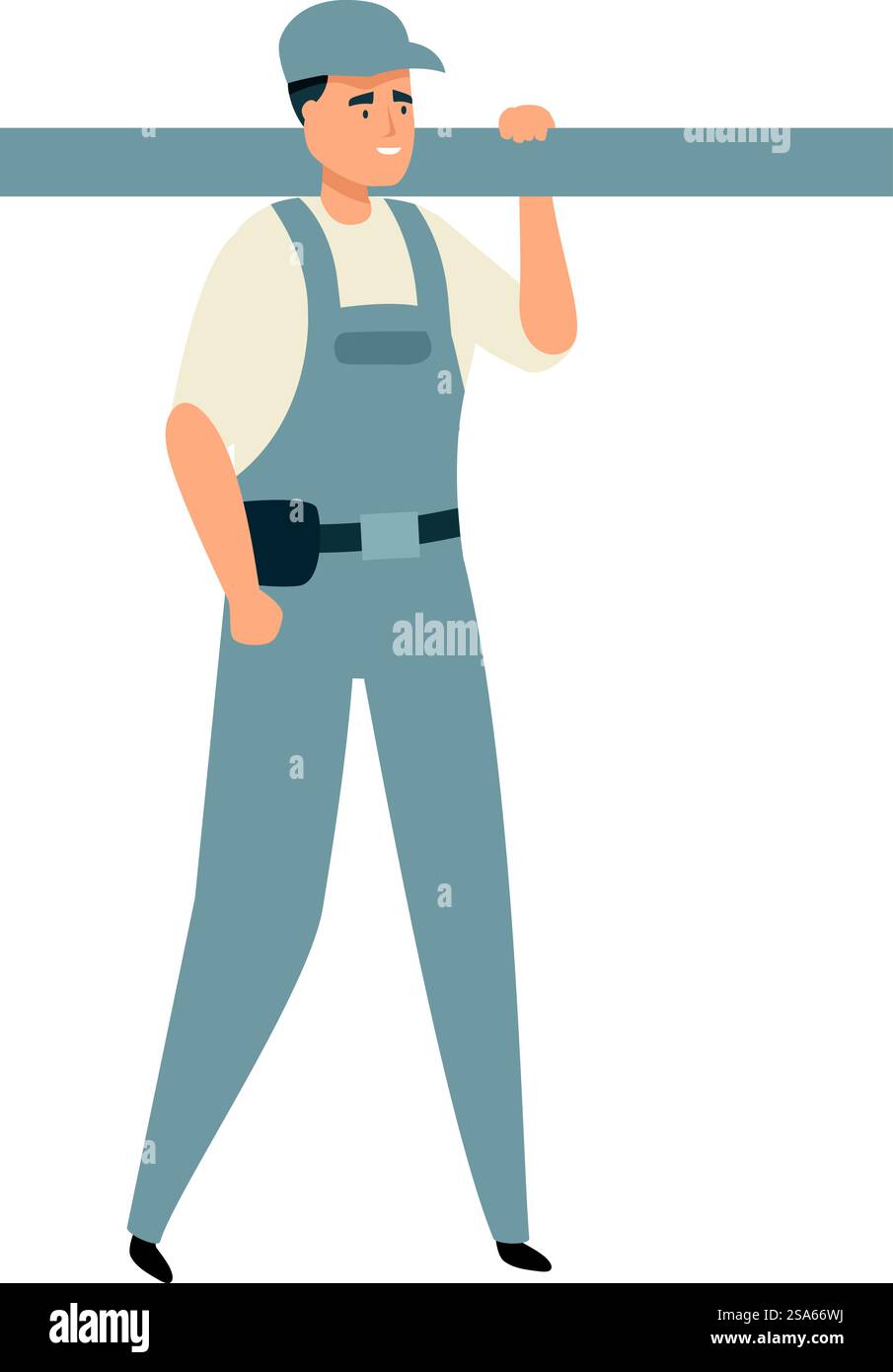 Construction worker walking and carrying a metal pipe on his shoulder ...