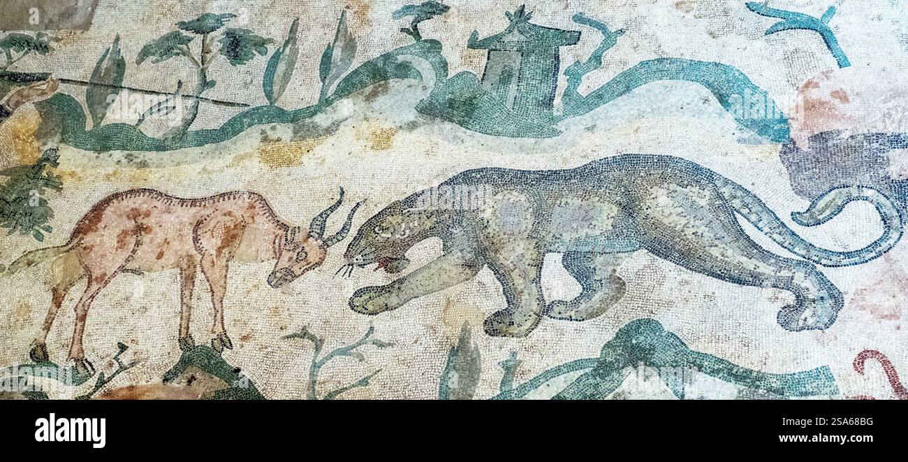 Roman mosaics. Wild animals, leopard and antelope depicted in a floor ...