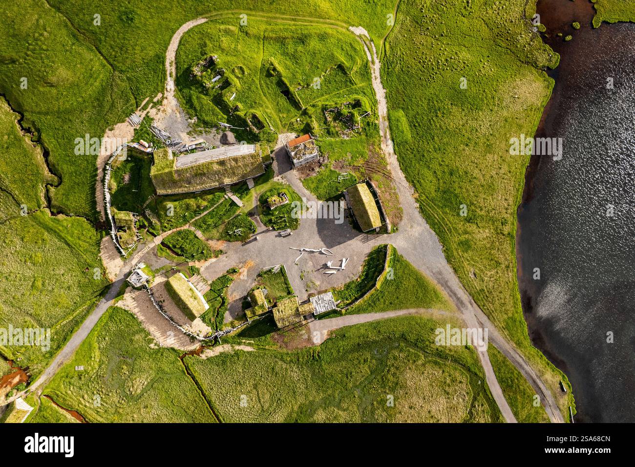 Scenic aerial drone topdown shot landscape featuring Viking Village in ...