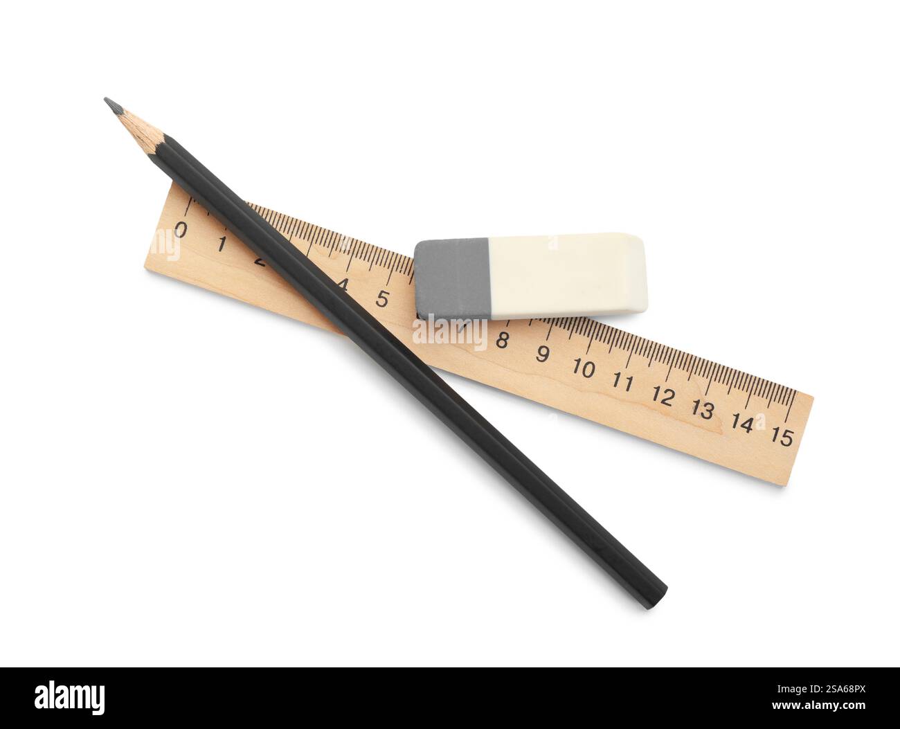 Eraser, ruler and pencil isolated on white, top view Stock Photo - Alamy