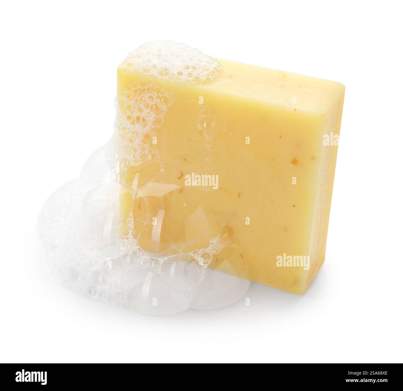 Yellow soap with foam on white background Stock Photo - Alamy