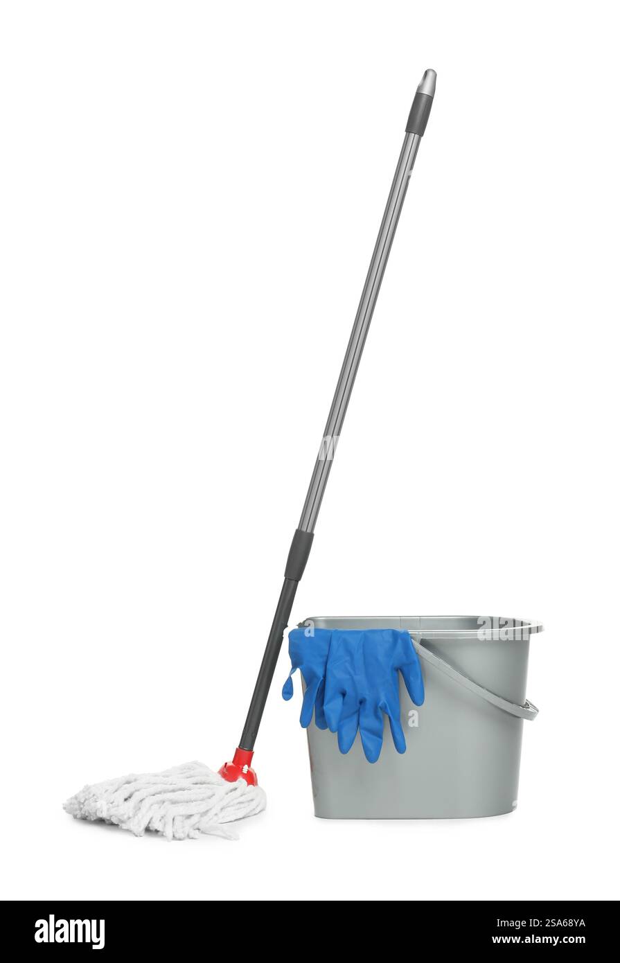 String mop, gloves and bucket isolated on white. Cleaning equipment ...