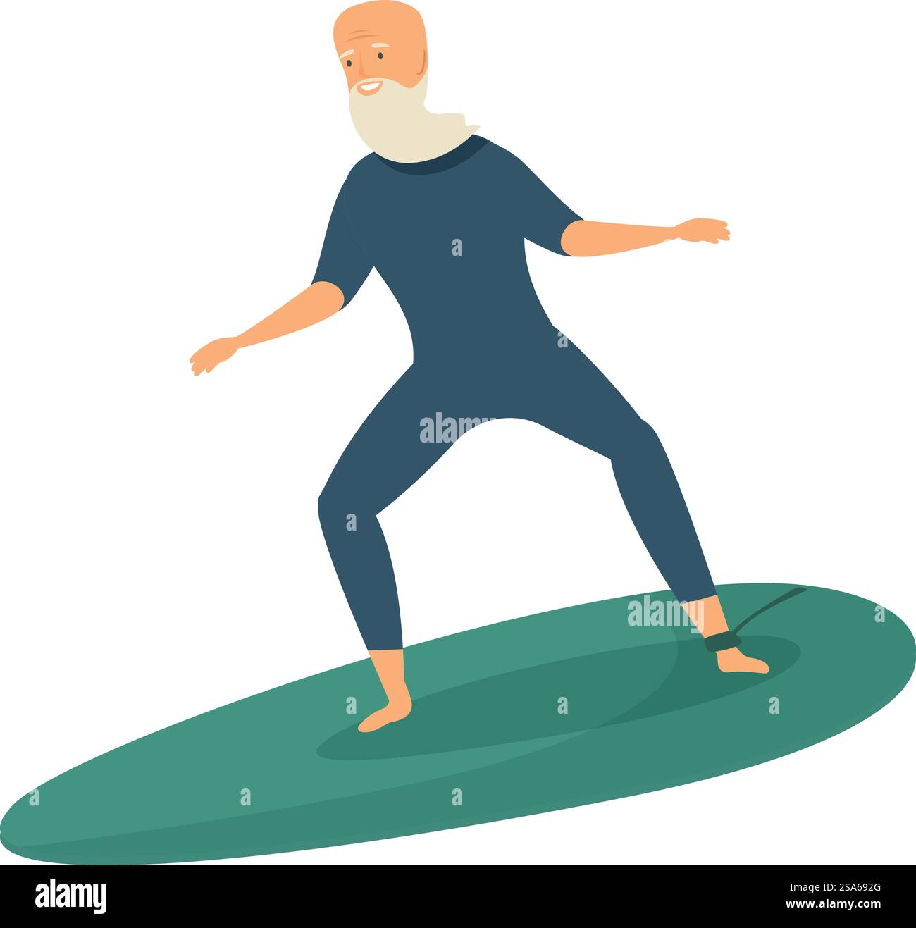 Senior man surfing on a green surfboard keeping balance with arms ...