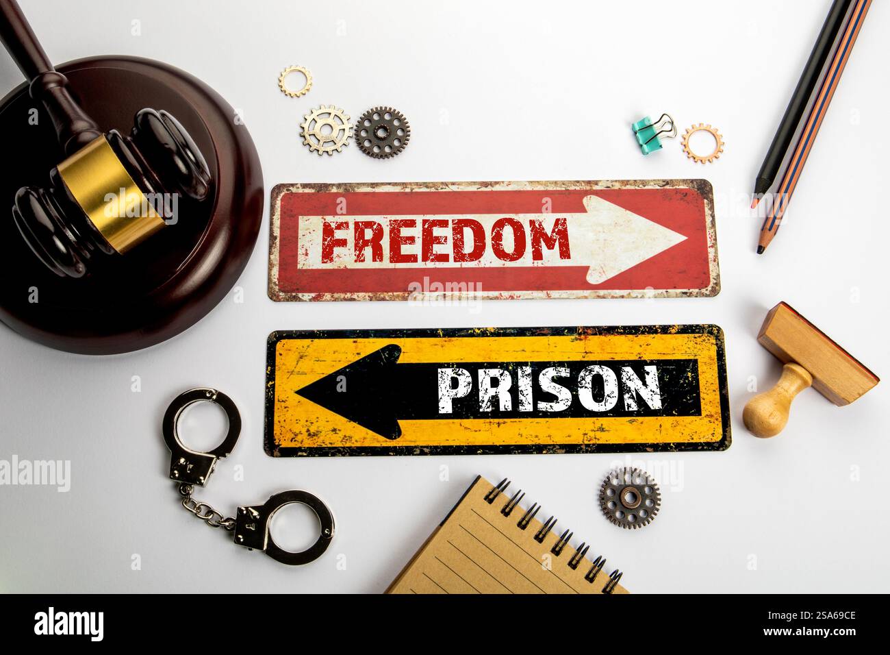 FREEDOM and PRISON. Red and yellow directional arrow with text Stock ...