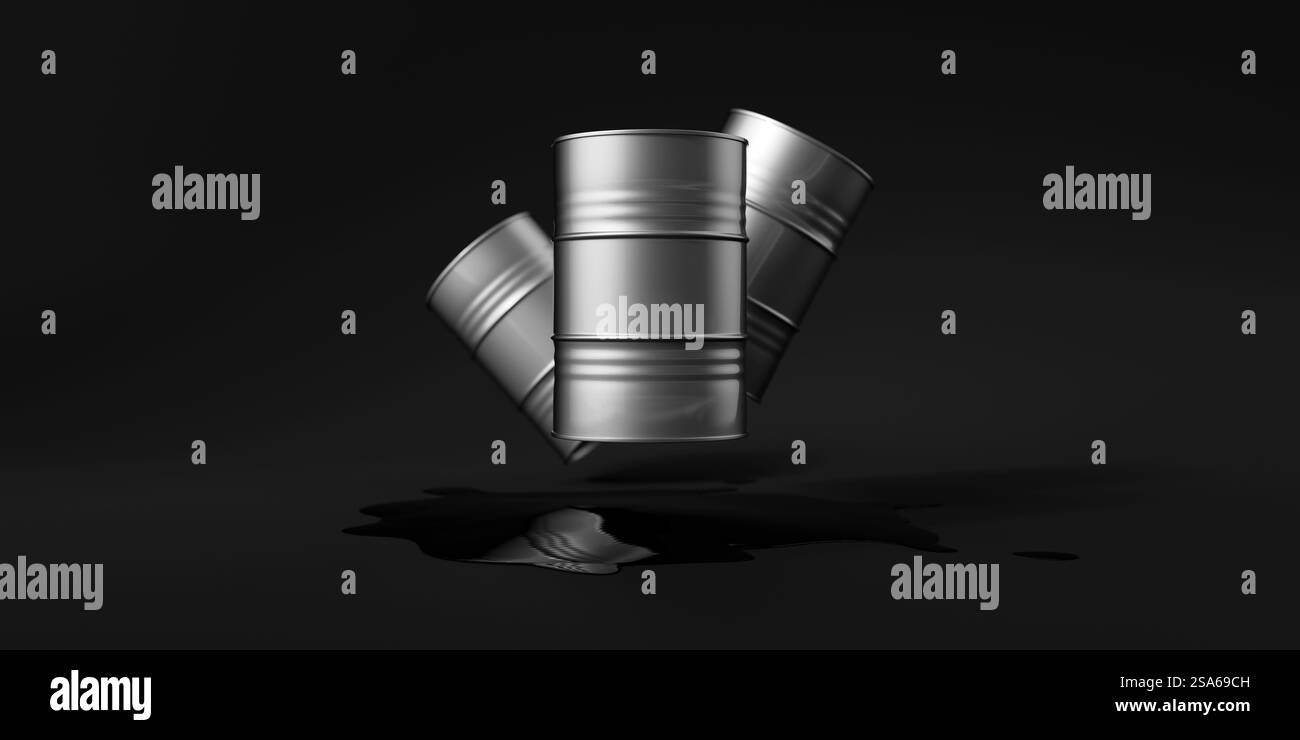 Three silver metal oil barrels fly over spilled puddle of crude oil on ...