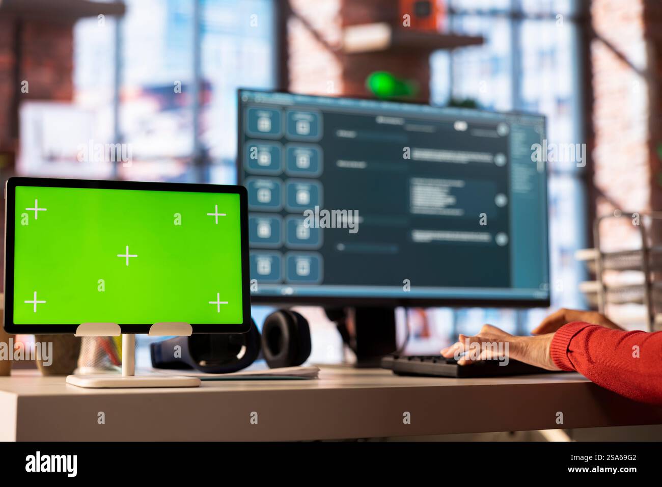 Woman interacting with intelligent AI chatbot on pc next to mockup ...