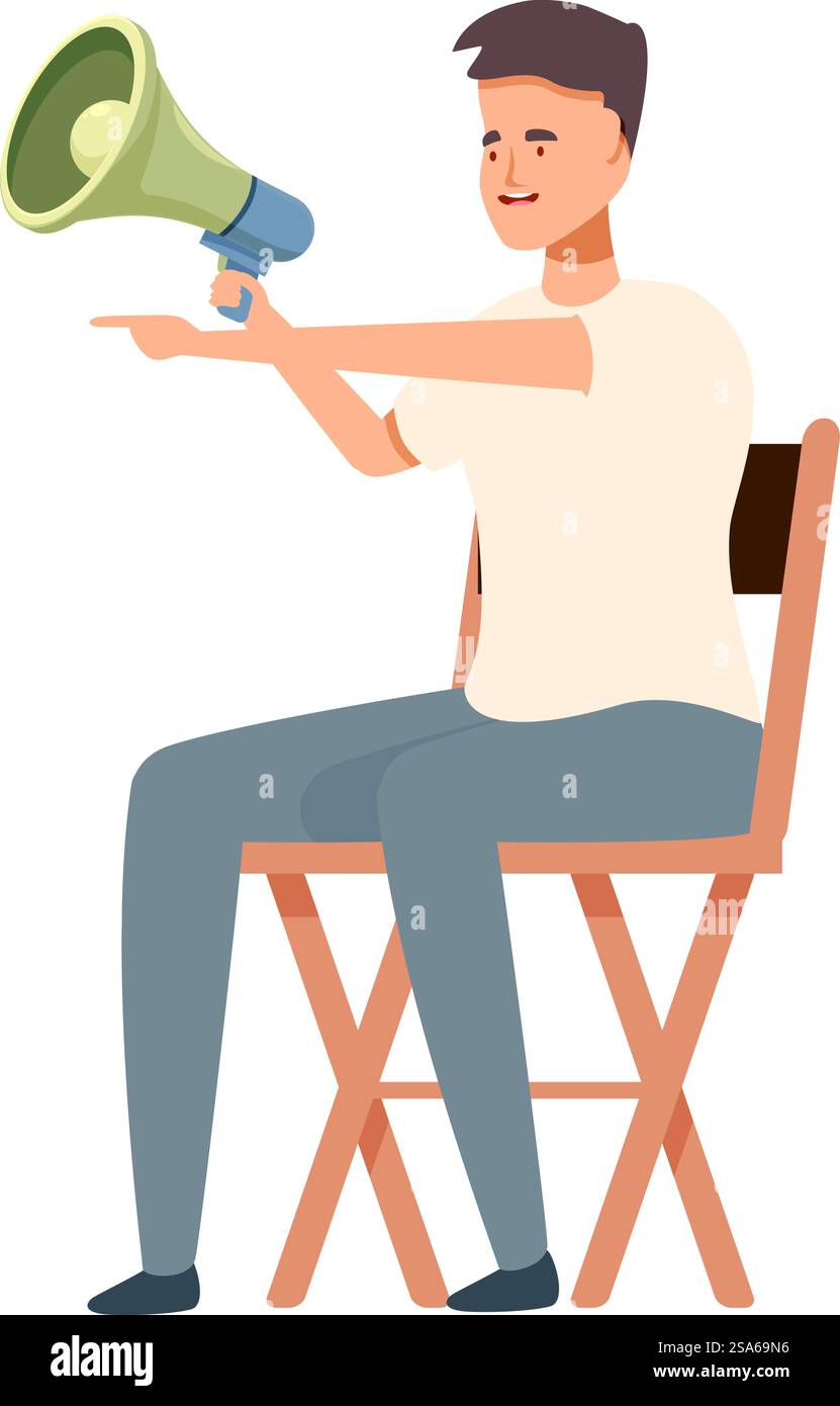 Film director holding megaphone sitting on chair, giving instructions ...