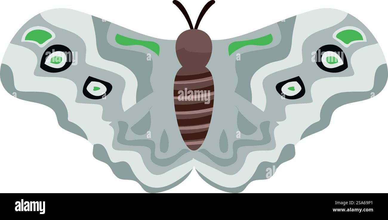 Grey butterfly with brown body and green stripes on a white background ...