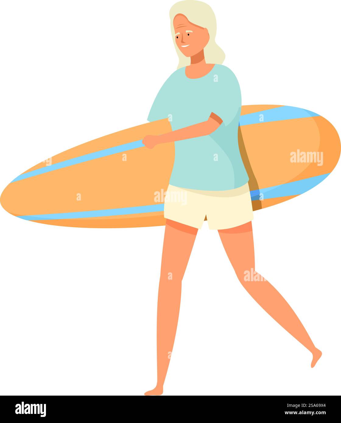 Elderly woman is walking along the beach, surfboard tucked under her ...