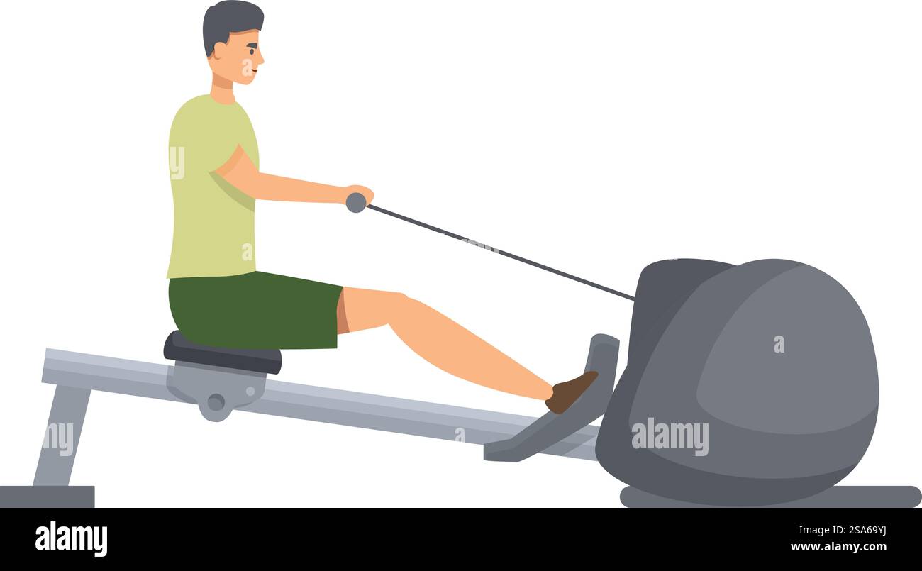 Young man is working out on a rowing machine, strengthening his muscles ...