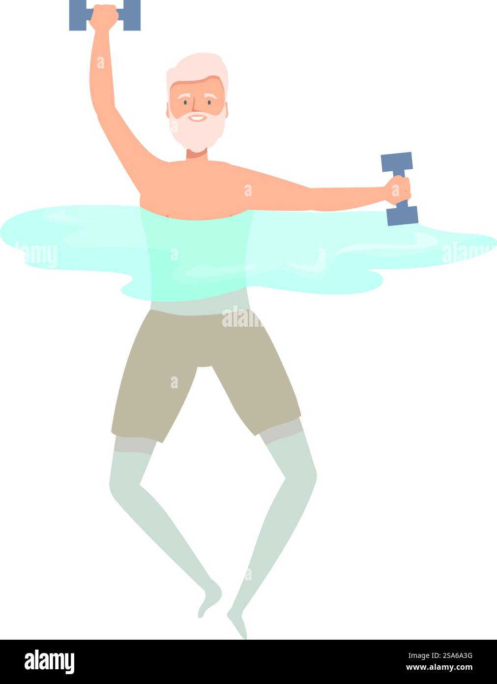 Senior man enjoying water aerobics, lifting dumbbells in the swimming ...