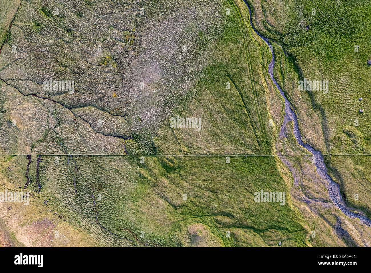 Aerial topdown drone view of green fields with grass patterns and small ...