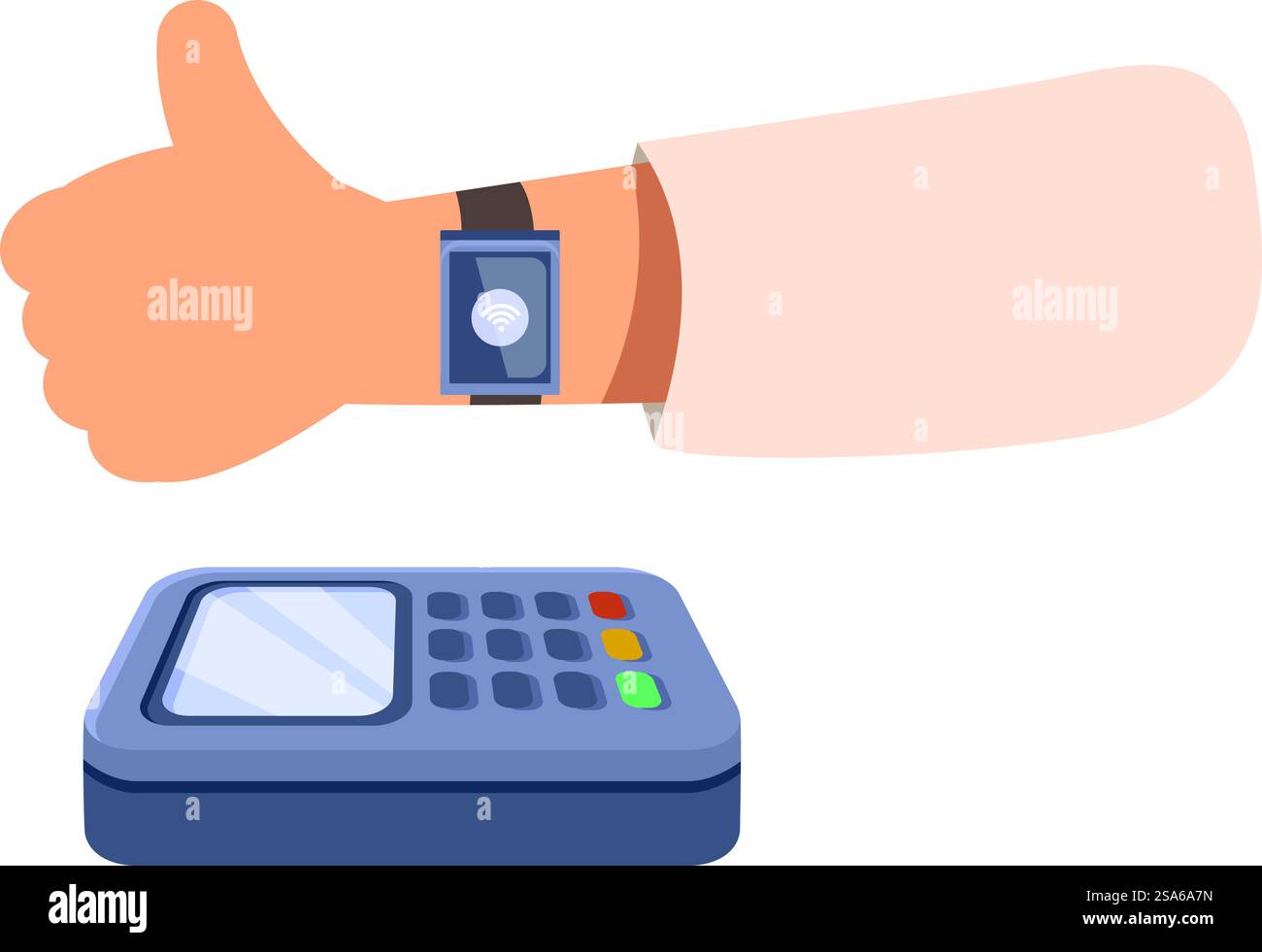 Hand with smartwatch making contactless nfc payment transaction on pos terminal. Customer making ...