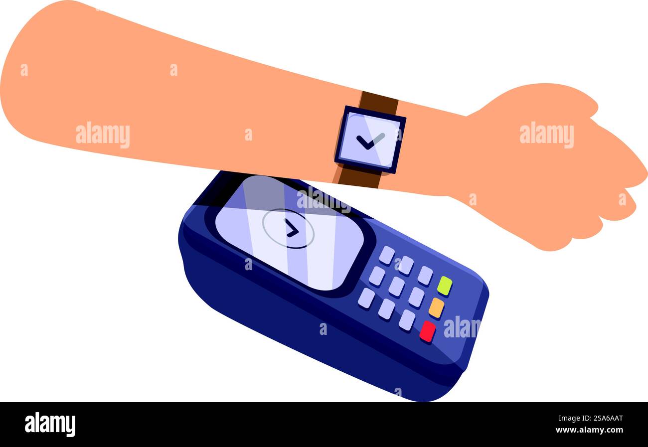 Customer paying using smartwatch contactless nfc technology on pos terminal. Hand holding ...