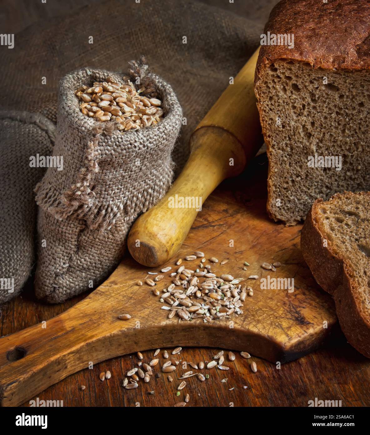 Still Life with a sack of wheat in the bakery Stock Photo - Alamy