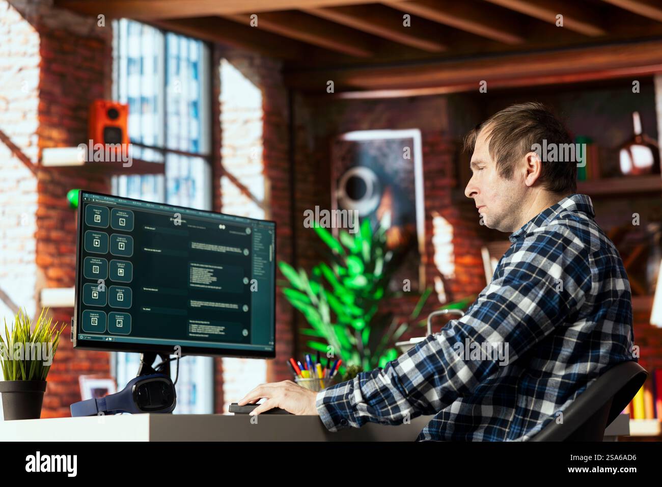 Man in home office discussing with AI LLM chatbots designed to ...