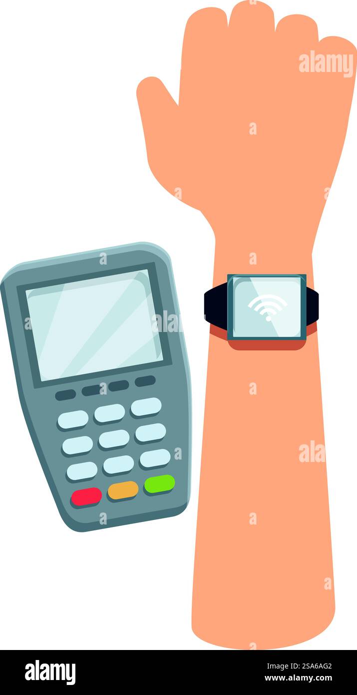 Hand holding a smartphone with nfc technology making a contactless payment on pos terminal ...