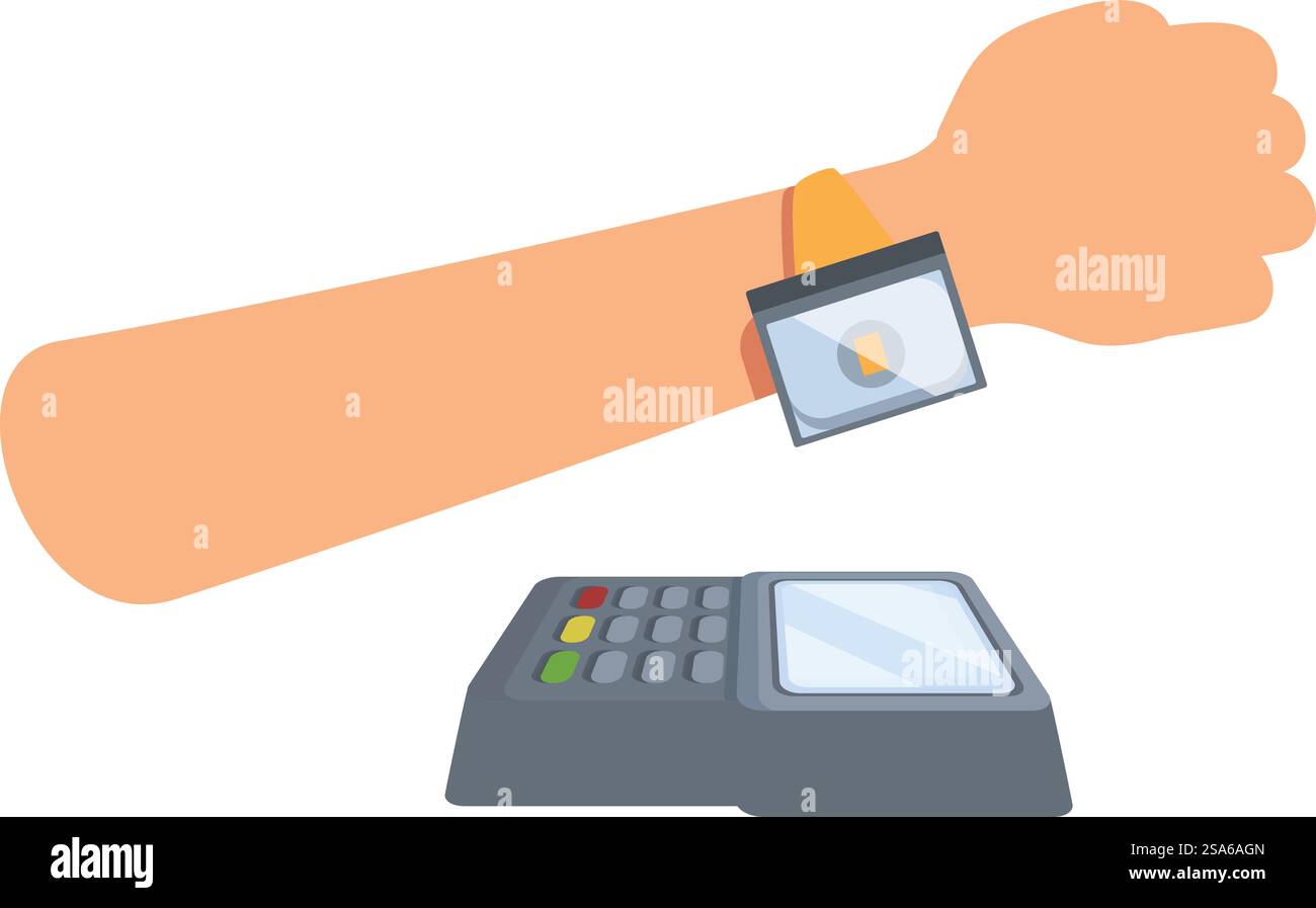Customer wearing smartwatch paying using nfc technology on pos terminal. Hand with smartwatch ...