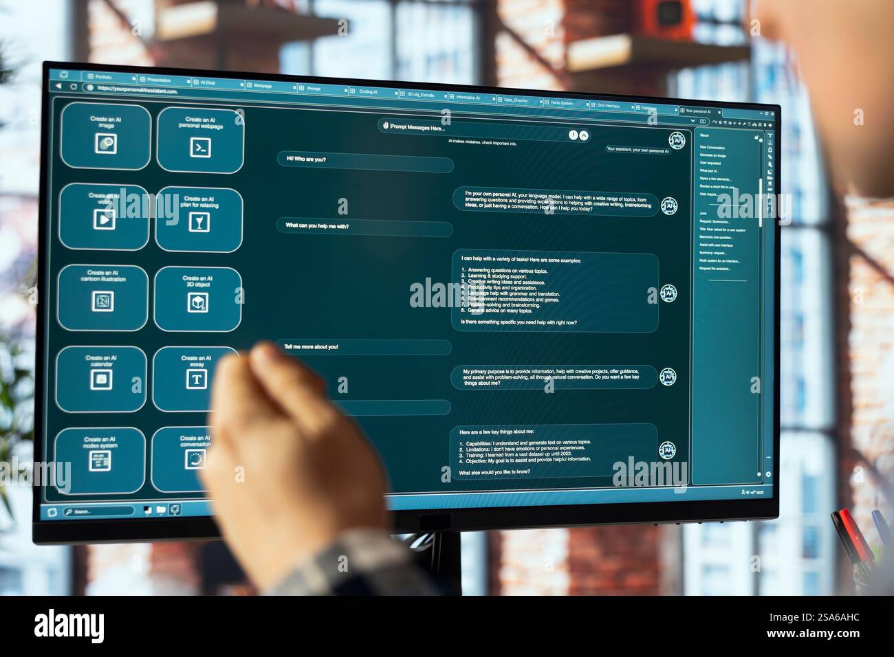 Man in home office uses large language model generative AI chatbot able ...