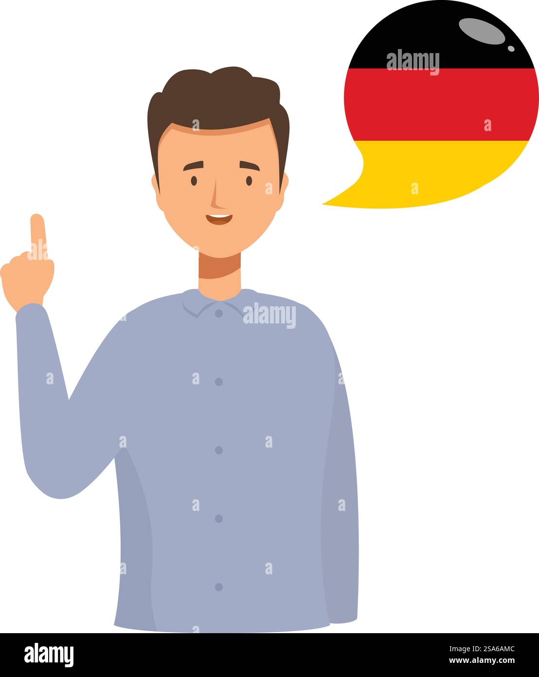 Young man pointing up with a speech bubble with the german flag in it ...