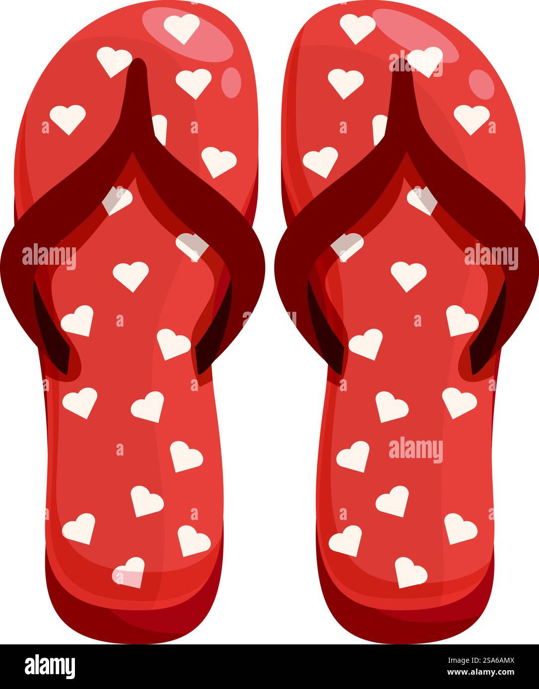Pair of red flip flops with hearts is standing on tiptoe on white ...