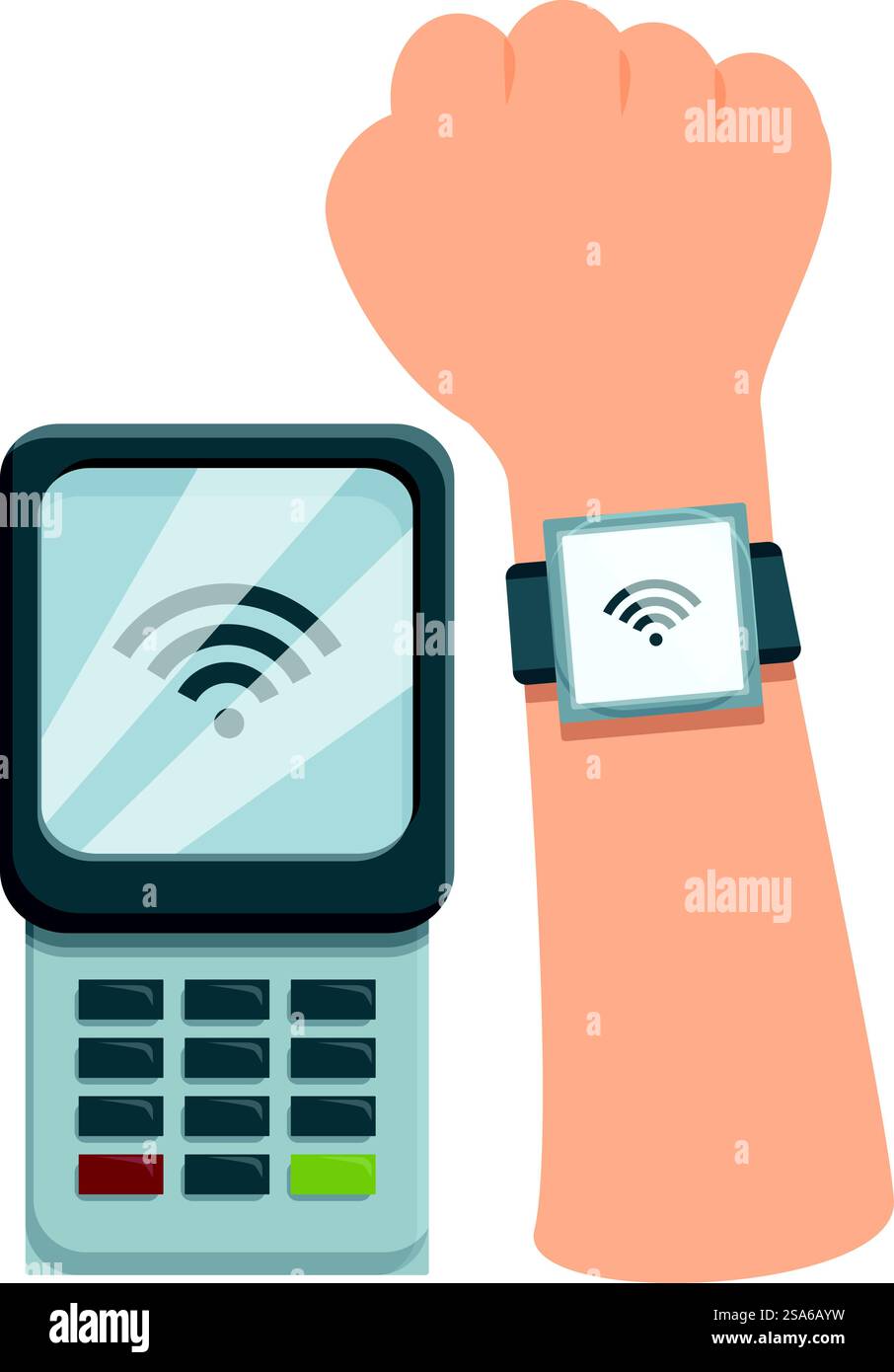 Hand wearing a smartwatch making a contactless payment on a pos ...