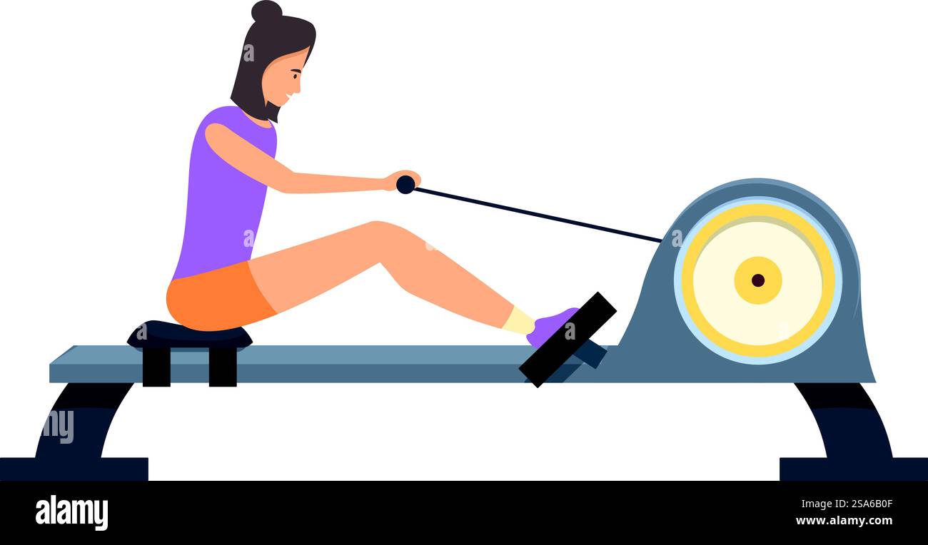 Young woman is exercising on a rowing machine, strengthening her ...