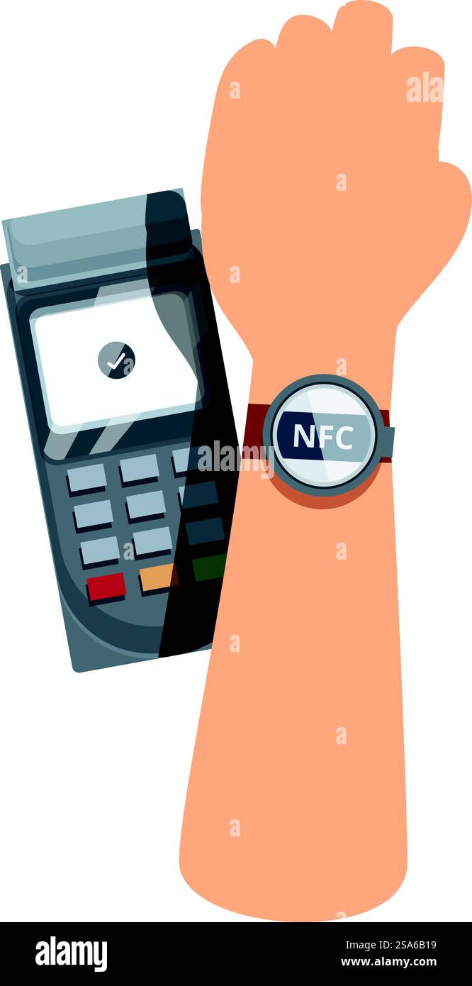 Hand approaching a pos terminal for a secure nfc payment. Customer paying using nfc technology ...