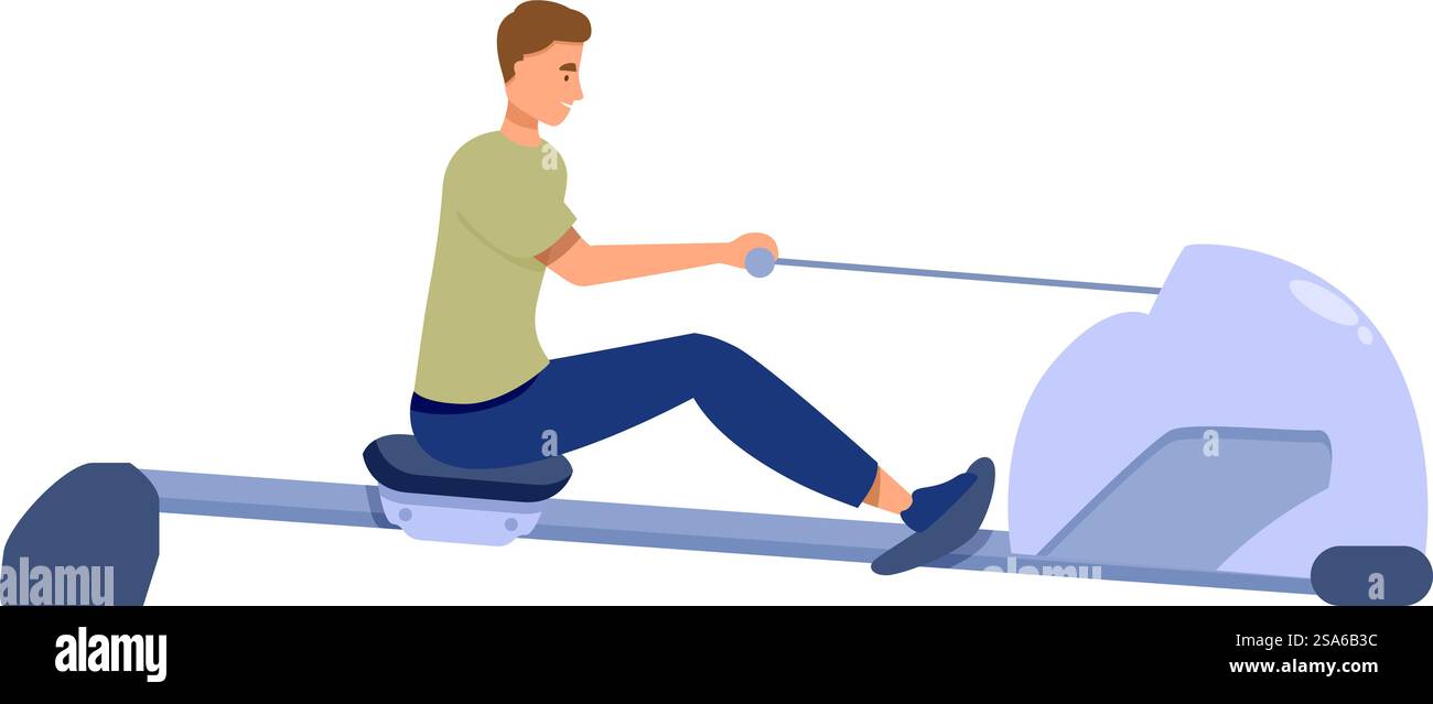 Young man is working out on a rowing machine, pulling the handles and ...