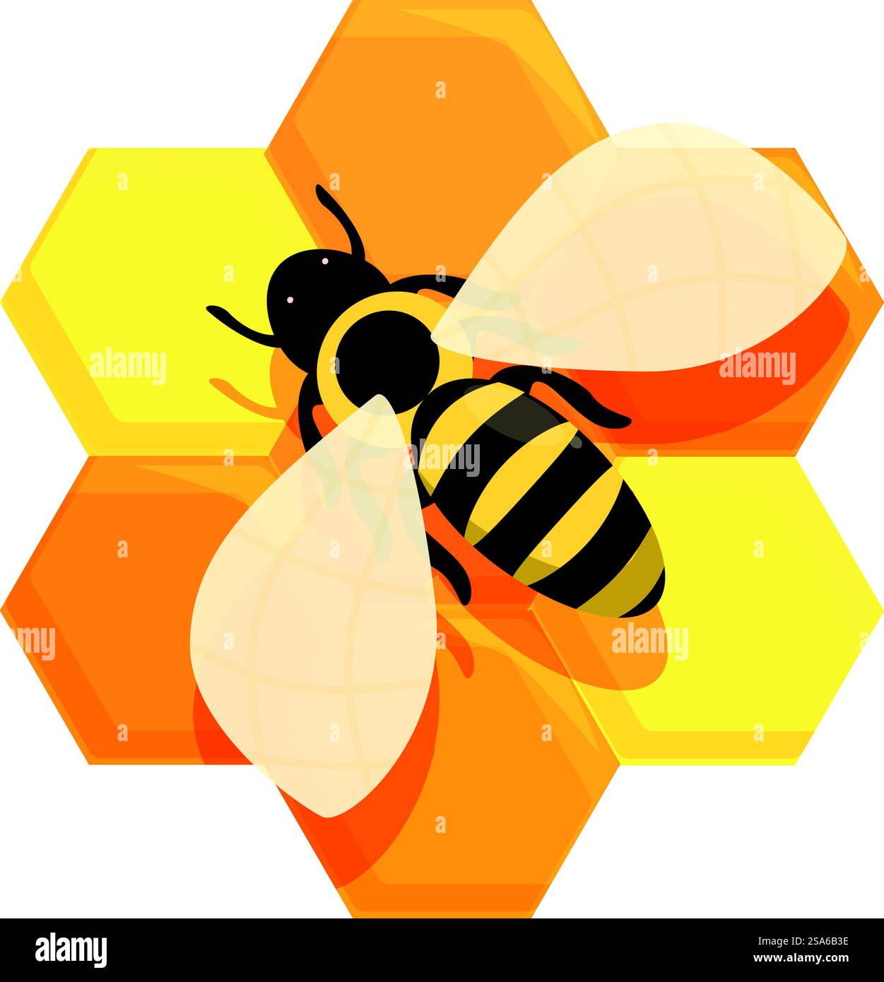Cartoon bee is flying over a honeycomb structure, producing healthy ...