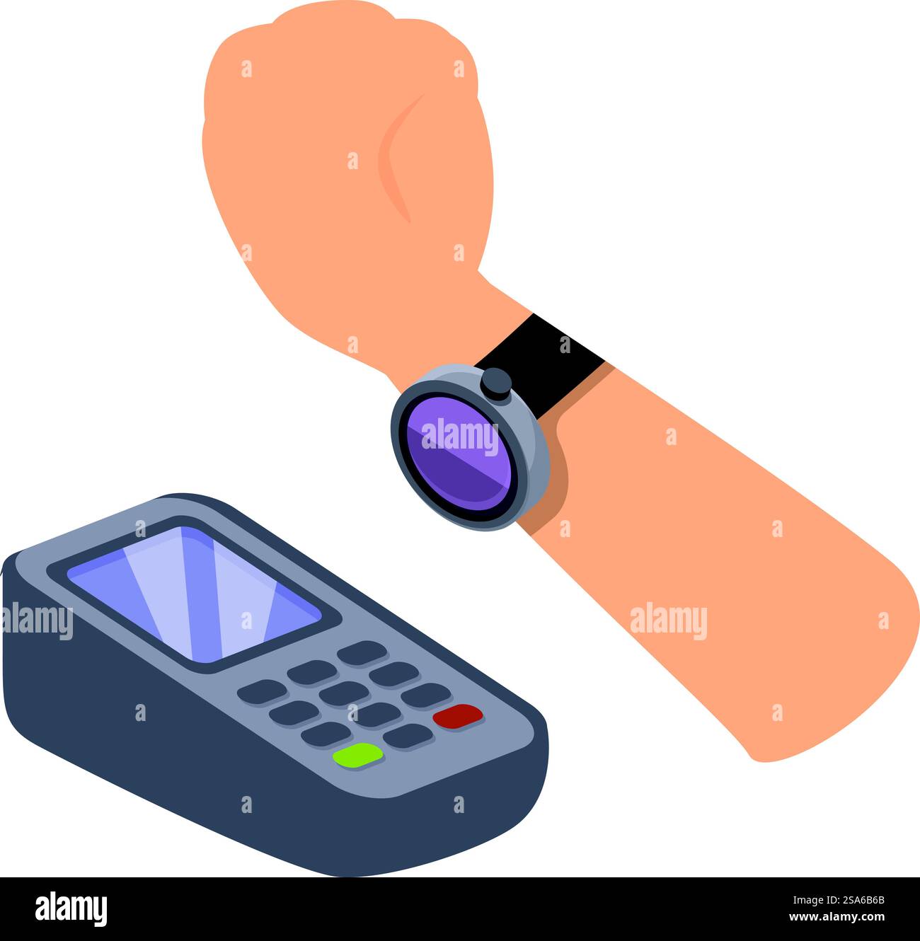 Hand with smartwatch making a contactless payment on a pos terminal. Customer paying using ...