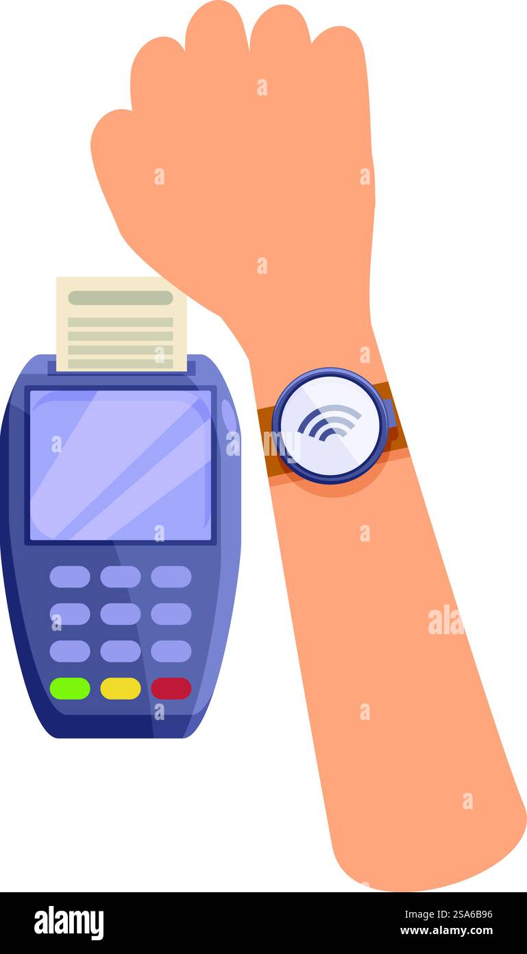Hand wearing a smartwatch is making a contactless payment at a pos terminal. Customer making nfc ...