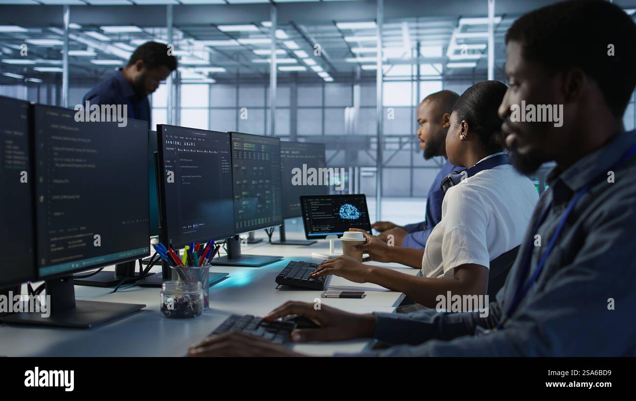 Admin in data center drinking coffee and implementing AI predictive maintenance systems. Server ...