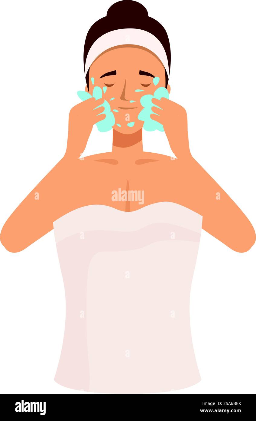 Young woman is washing her face with foam, enjoying her daily skincare ...
